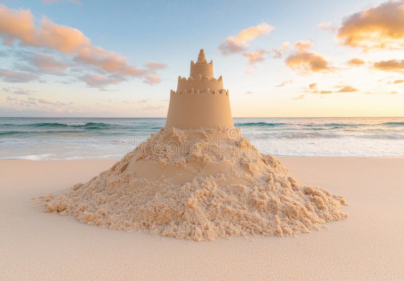 Impressive Sand Castle on Beach at Sunset Stock Illustration ...