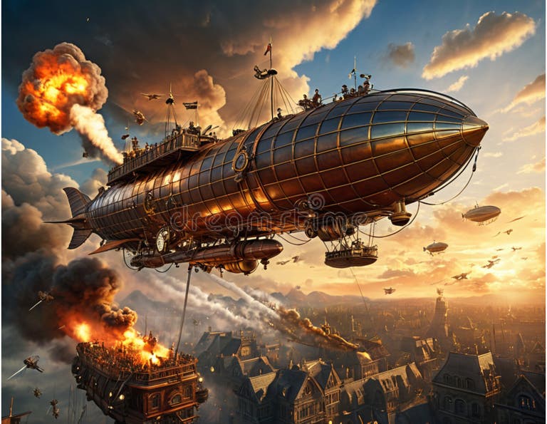 Steampunk Blimp Aircraft Dirigible Zepplin Victorian Era Smoke Sunset ...