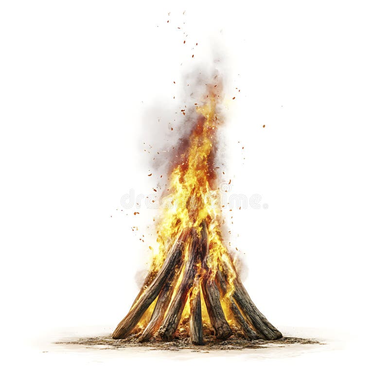 Impressive Tall Bonfire with Flames Against White Background. Stock ...