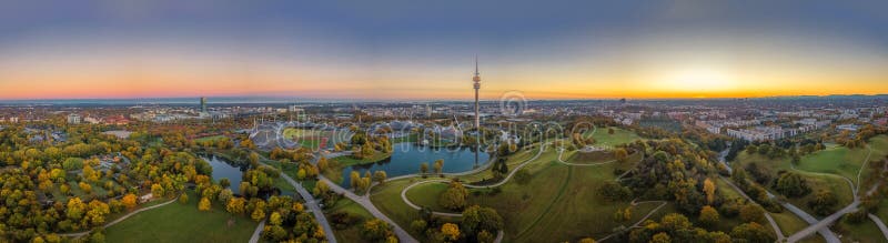 Impressive Total View Over Munich at Sunset with the Olympic Park ...
