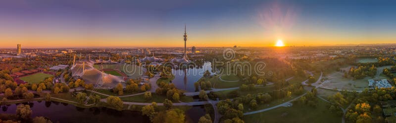 Impressive Total View Over Munich at Sunset with the Olympic Park ...
