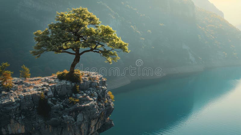 An Impressive Tree Stands on the Edge of a Steep Cliff with a View of a ...