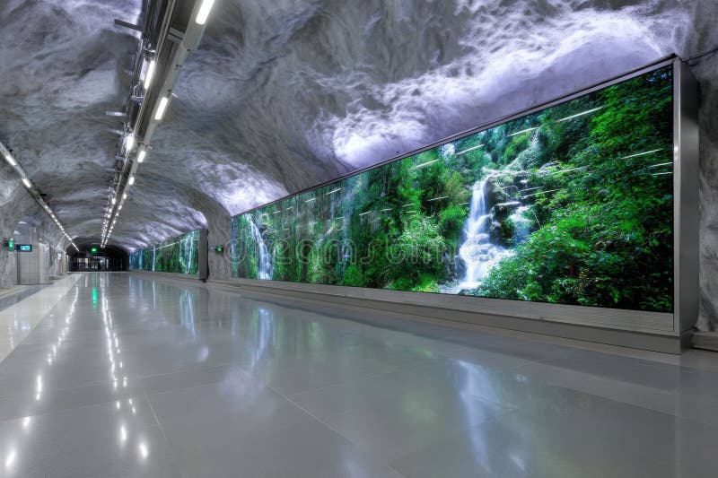 Impressive Underground Station with Large Digital Waterfalls on Display ...