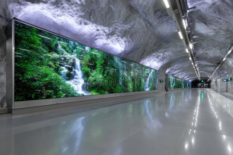 Impressive Underground Station with Large Digital Waterfalls on Display ...