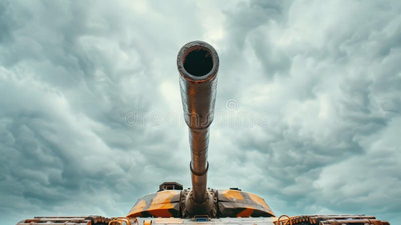 A Battle Tanks Muzzle Aimed Skyward, Showcasing Military Might. the ...