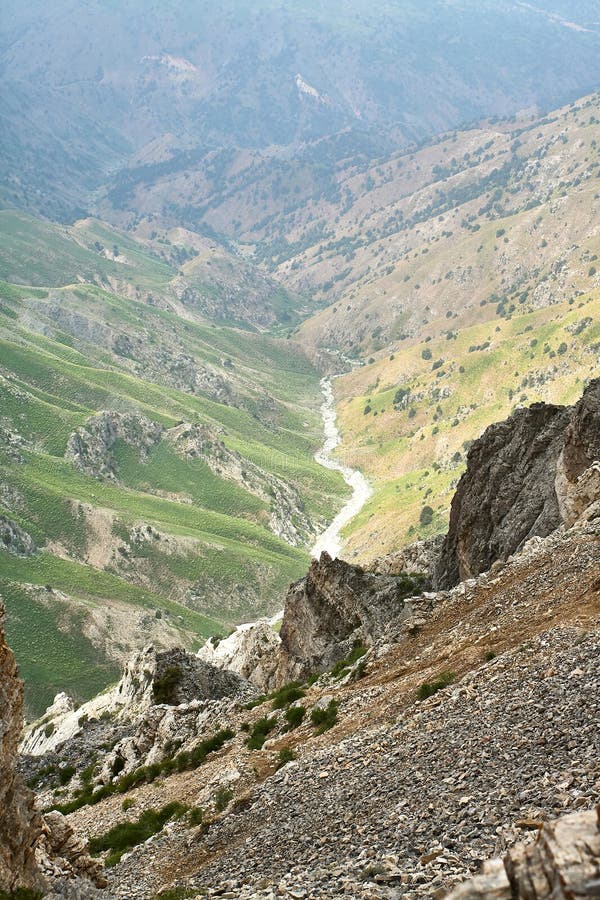 Majestic Valley: Winding River Amidst Uzbekistan S Mountains Stock ...