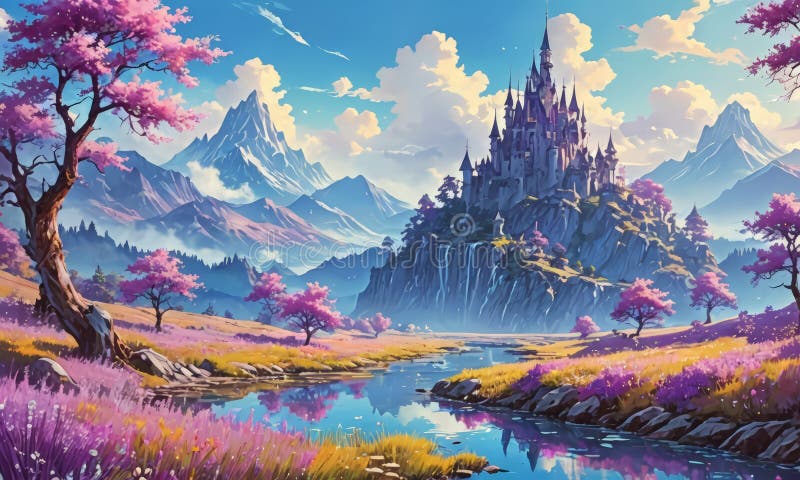 Beautiful Landscape with Castle and River Stock Illustration ...