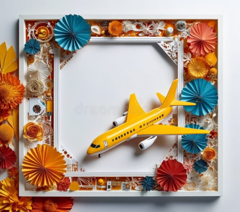 Plane is Flying Over Frame with Paper Flowers Stock Illustration ...