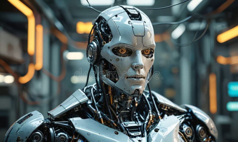 Robot in futuristic city stock illustration. Illustration of future ...