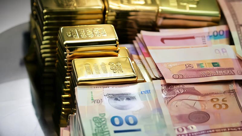 Stacks of Valuable Gold Bars are Next To Various Currency Notes Stock ...