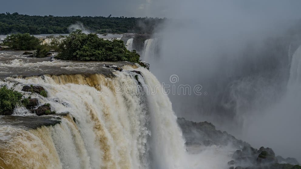 An Impressive Waterfall Landscape. White Foaming Streams Collapse from ...
