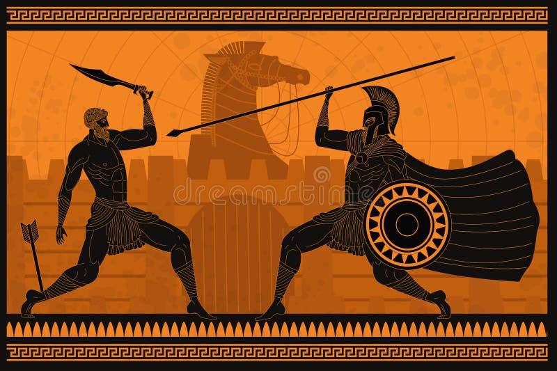 Troy Trojan Horse Scene and Achilles Fighting a Warrior Stock ...