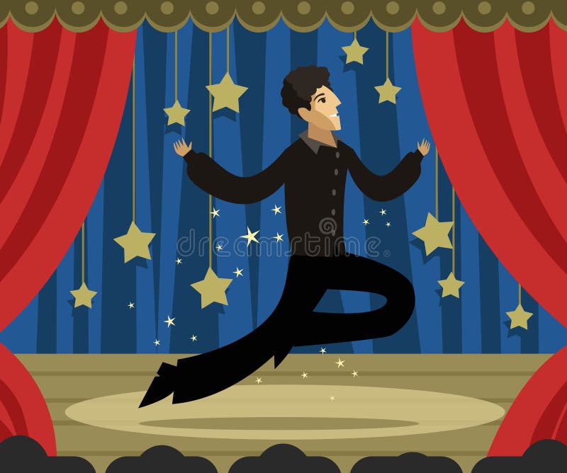 Modern Magician Flying Illusion Trick on Theater Stage Stock Vector ...