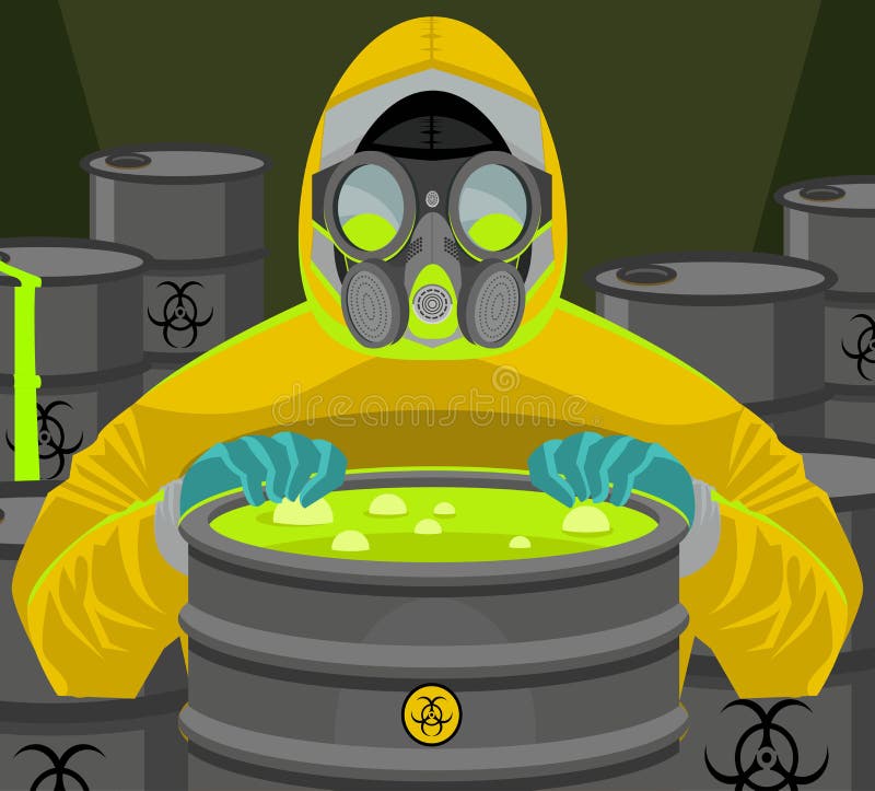 Cartoon Man In A Protective Suit And A Barrel With Biohazard. Vector ...