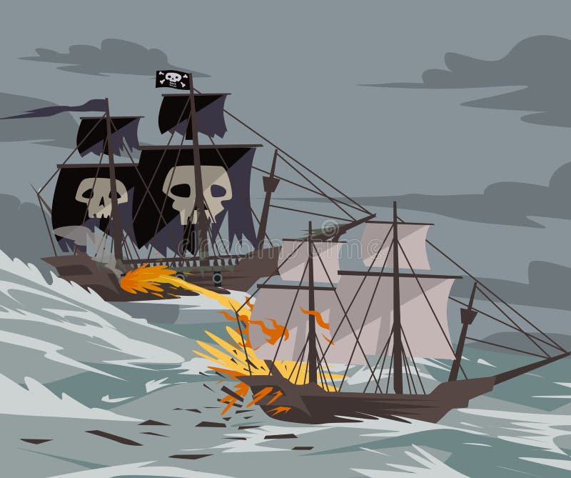 Pirate Ship Attacking Another Vessel Stock Vector - Illustration of ...