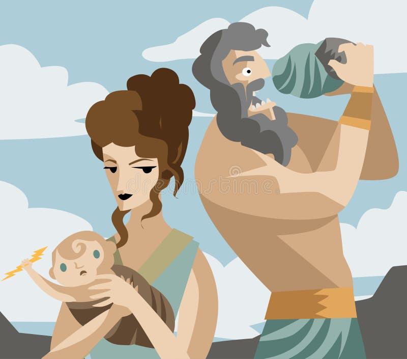 Chronos Uranus Mythology Eating a Rock and Gea Hiding Zeus Baby Stock ...