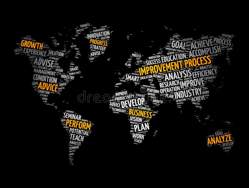 Improvement Process Word Cloud in Shape of World Map, Business Concept ...