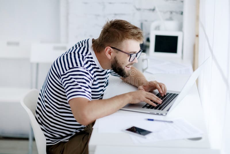 Impulsive Man with Open Mouth Looks into the Laptop in the Office ...