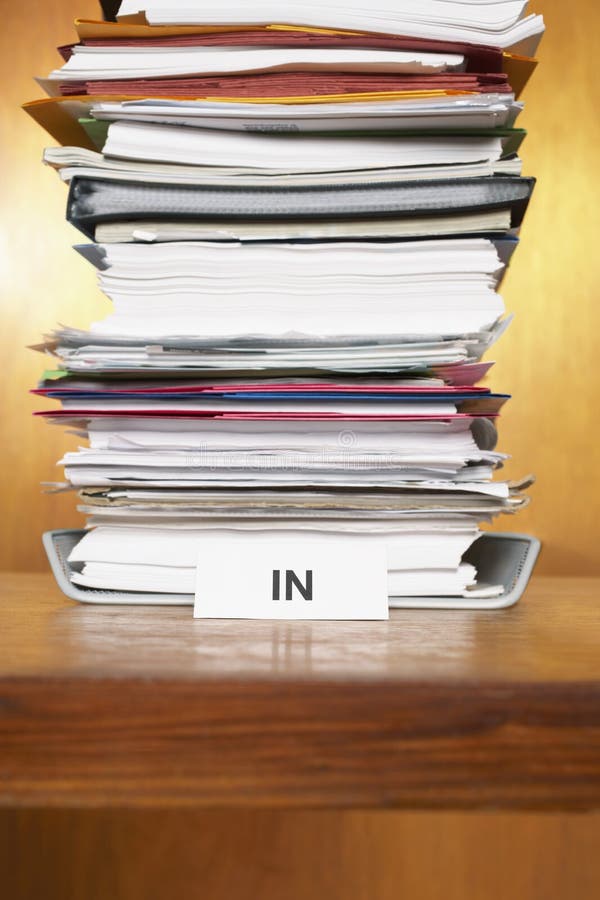 Inbox with Stack of Paperwork on Desk Stock Photo - Image of text ...