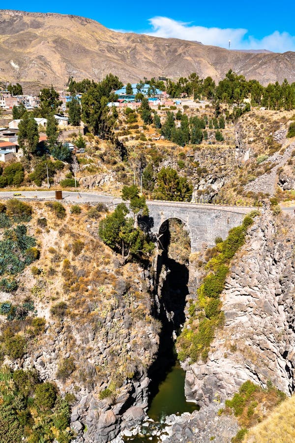 The Inca Bridge Across the Colca River at Chivay, Peru Stock Photo ...