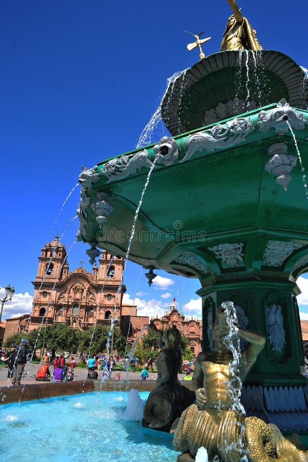 Inca Pachacutec Fountain in the Plaza De Armas of Cusco, Peru Stock ...
