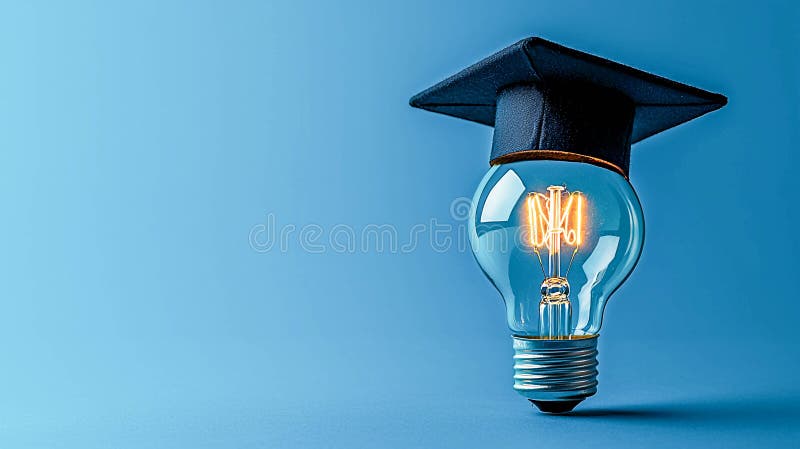 An Incandescent Bulb with an Academic Cap on a Blue Background Stock ...