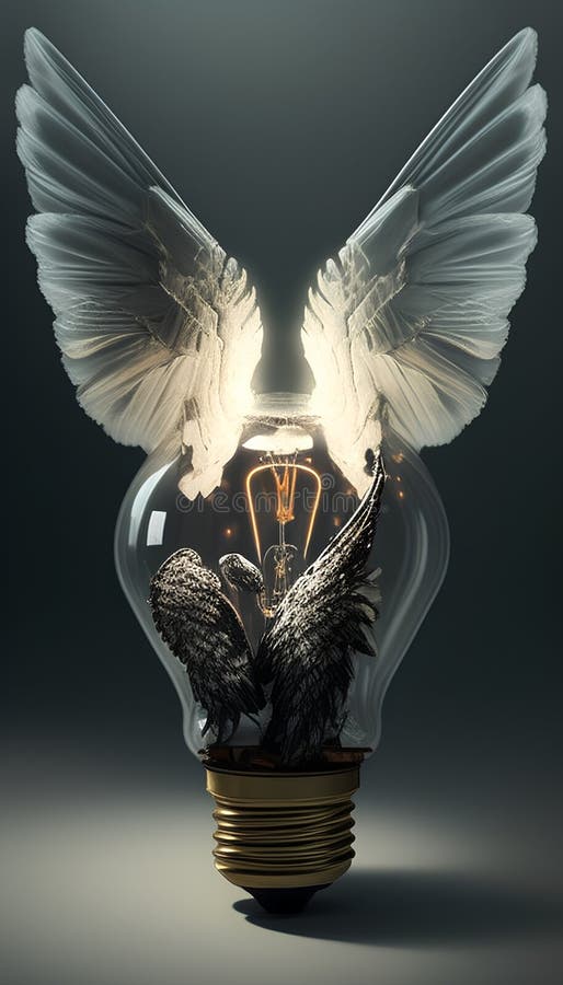 Incandescent Light Bulb with Angel Wings Inside, 3d Render Stock ...