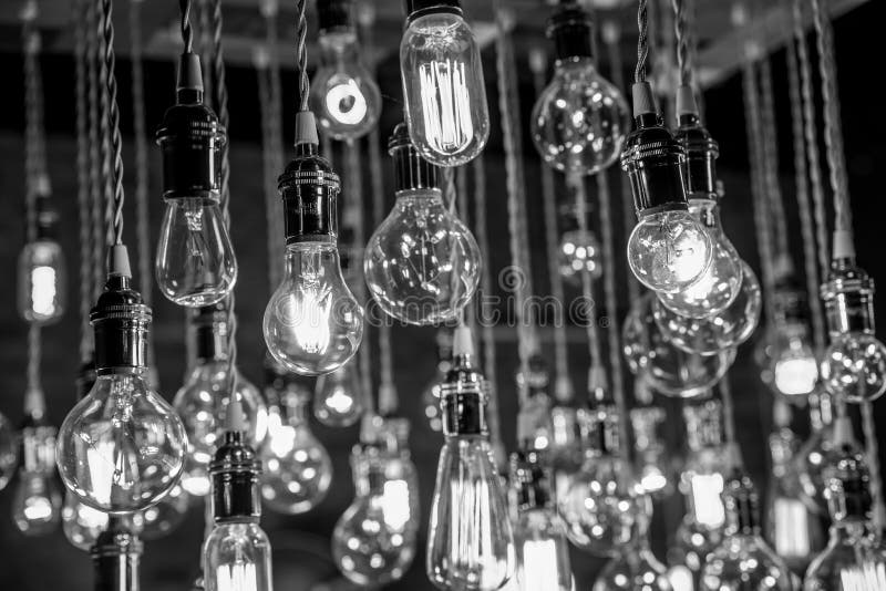 Incandescent Light Bulb Chandelier Array Hanging from the Ceiling Stock ...