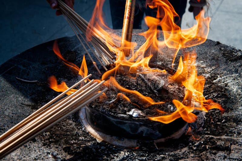 Incense Burning with Smoke at Night. Dark Background. Selective Focus ...