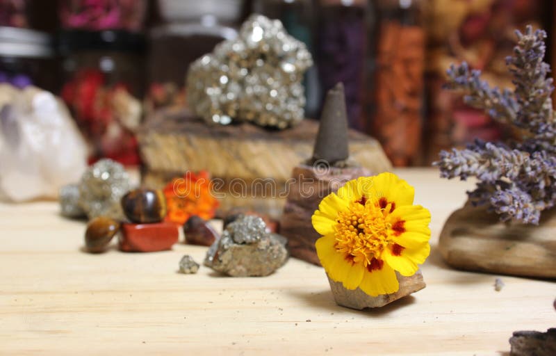 Incense Cone on Stone with Crystals and Flowers. Meditation Table Stock ...