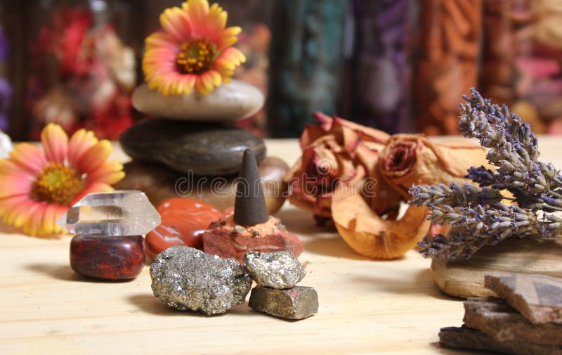 Incense Cone on Stone Slab with Crystals and Flowers Stock Image ...