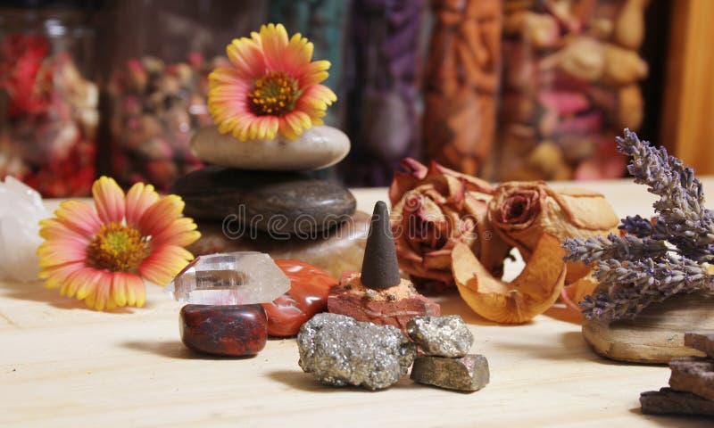 Incense Cone on Stone Slab with Crystals and Flowers Stock Image ...