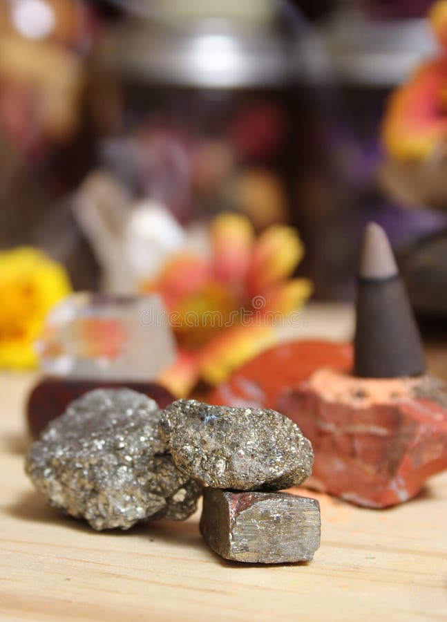 Incense Cone on Stone Slab with Crystals and Flowers Stock Image ...