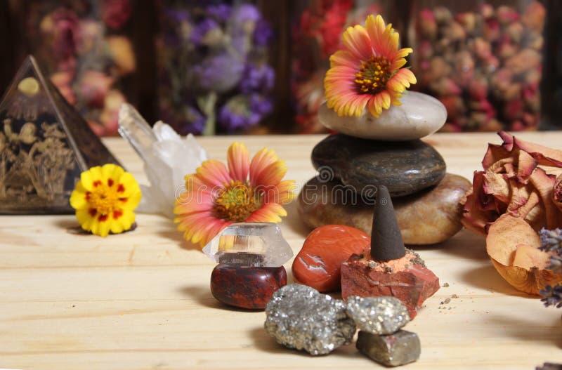 Incense Cone on Stone with Crystals and Flowers. Meditation Table Stock ...