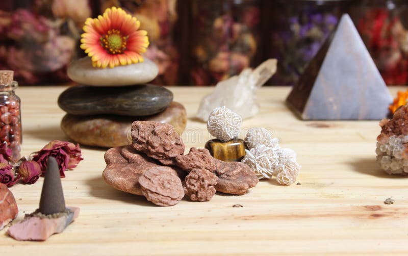 Incense Cones and Desert Rose Rocks on Meditation Table Stock Photo ...