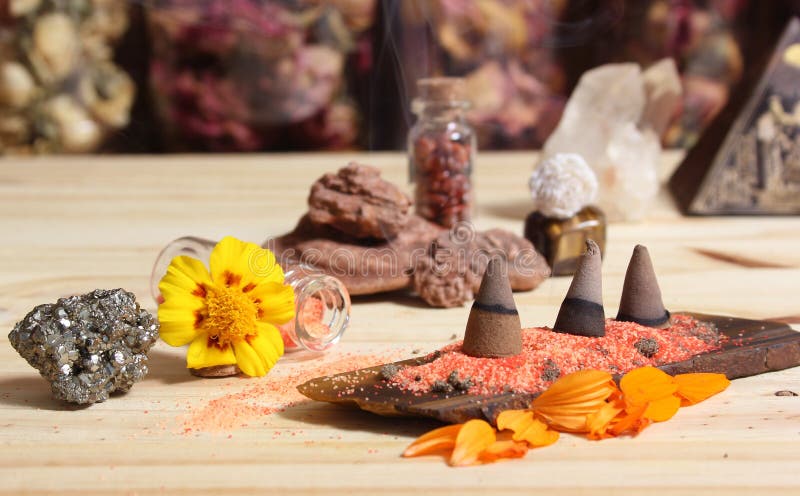 Incense Cones on Stone Slab with Crystals and Flowers Stock Photo ...