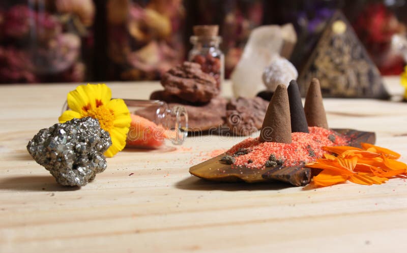 Incense Cones on Stone Slab with Crystals and Flowers Stock Photo ...