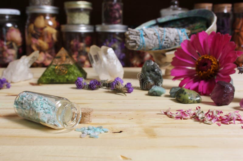Incense Cones on Stone Slab with Crystals and Flowers Stock Image ...