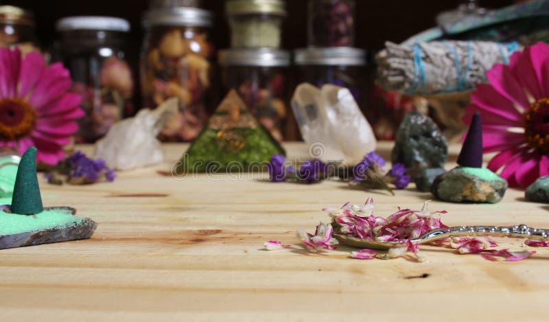 Incense Cones on Stone Slab with Crystals and Flowers Stock Image ...