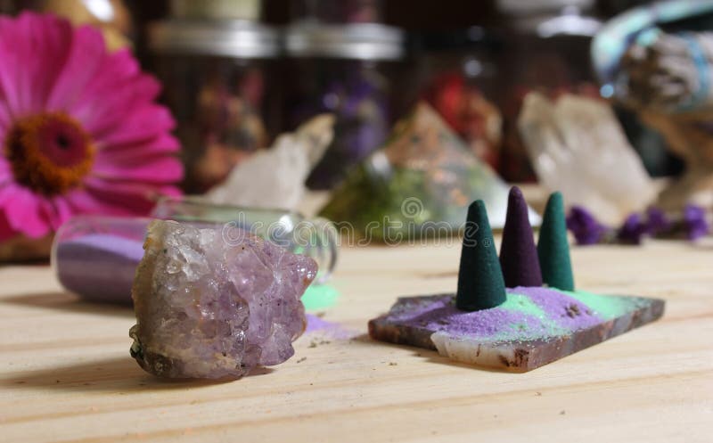 Incense Cones on Stone Slab with Crystals and Flowers Stock Photo ...