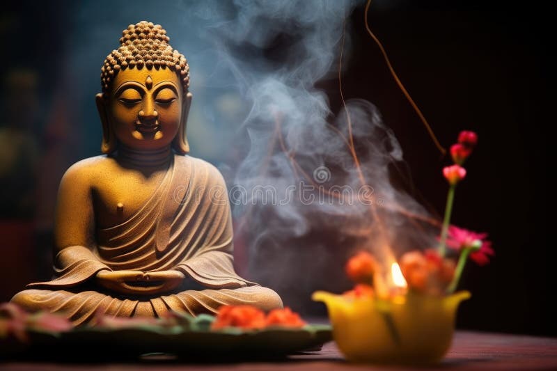 Incense Smoke Rising Slowly in Front of a Buddha Statue Stock ...