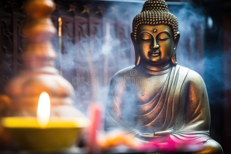 Incense Smoke Rising Slowly in Front of a Buddha Statue Stock ...