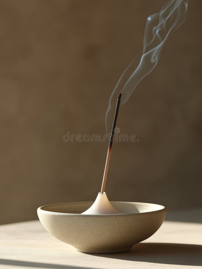 Incense Stick Burning in a Ceramic Bowl with Rising Smoke Stock Photo ...