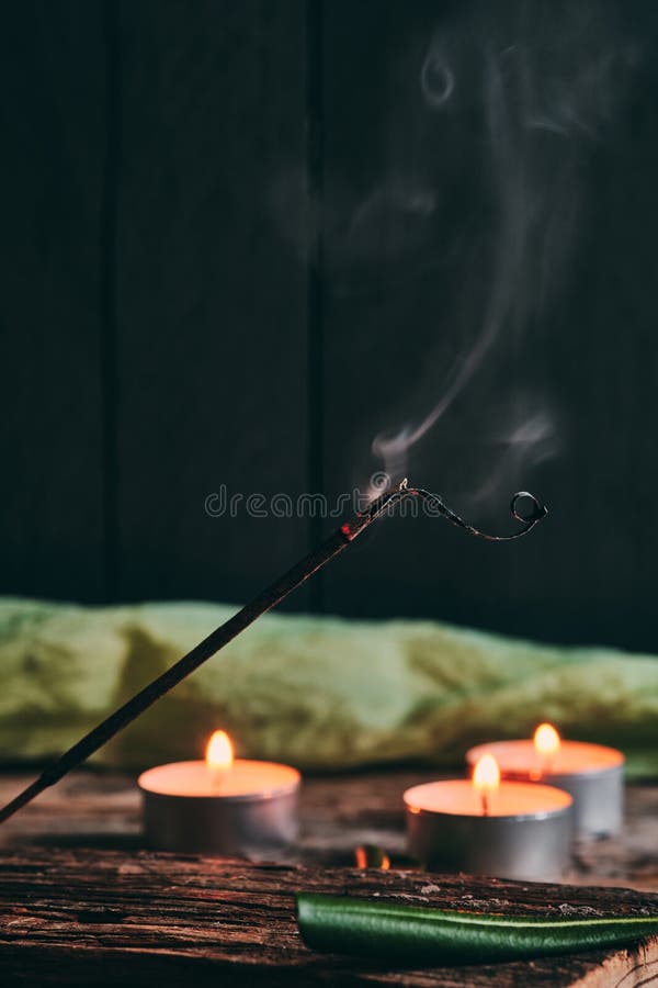 Incense Stick and Candles on Rustic Wood Stock Photo - Image of closeup ...