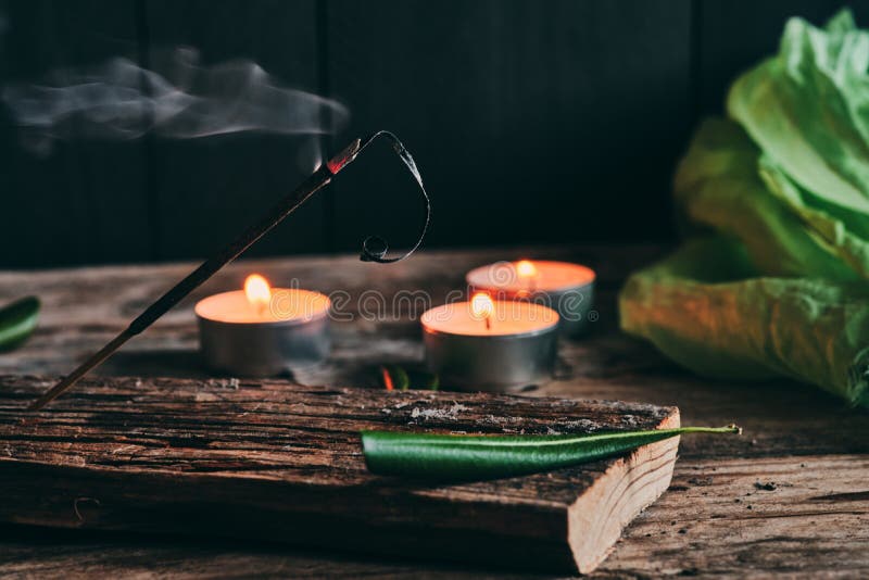 Incense Stick and Candles on Rustic Wood Stock Photo - Image of ...