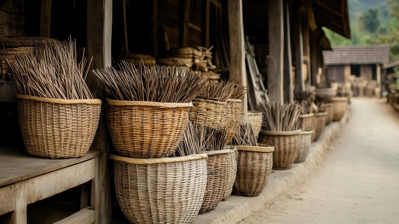 Incense Sticks Drying in Wicker Baskets in a Vietnamese Village Stock ...