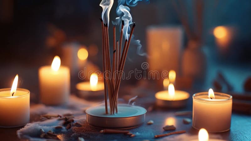 Incense Sticks Emitting Smoke Surrounded by Lit Candles in a Serene ...
