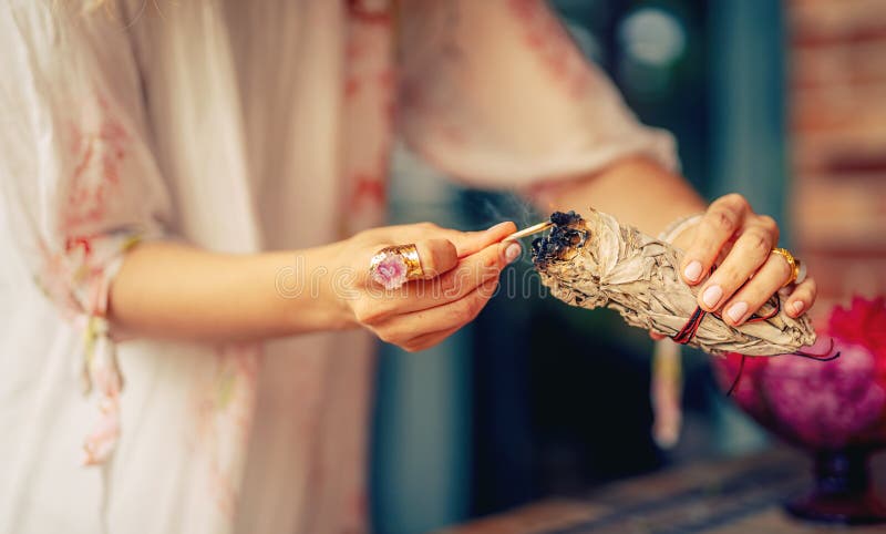 Incense in a Woman Hand, Ceremony Space. Stock Image - Image of natural ...