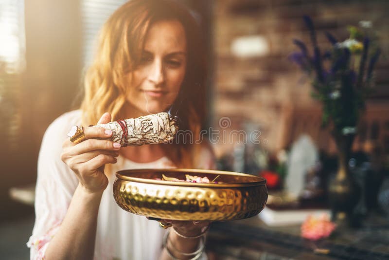 Incense in a Woman Hand, Ceremony Space. Stock Photo - Image of aroma ...
