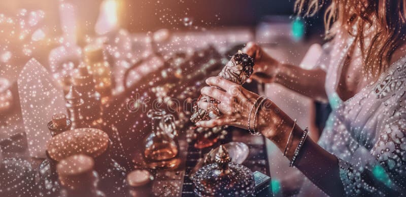 Incense in a Woman Hand, Ceremony Space. Magic Light Effect. Stock ...